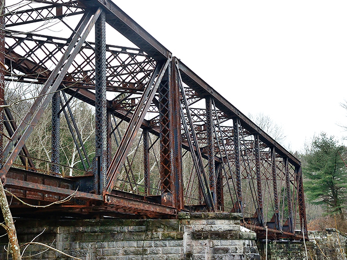 This weathered railroad bridge stands as a rusted reminder of Emporium's industrial past, when timber and trains built the backbone of Pennsylvania's economy.