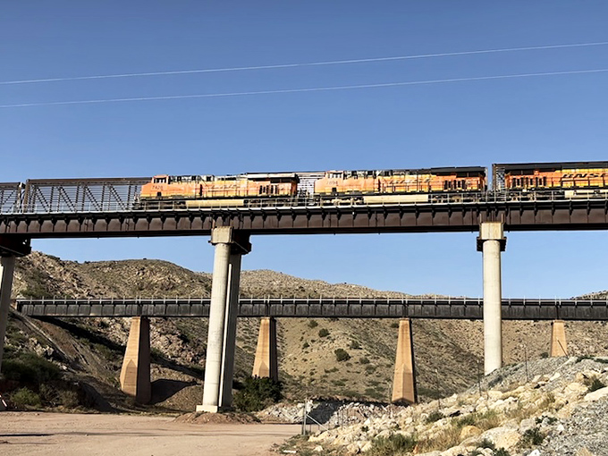 Engineering meets majesty as trains rumble across elevated tracks, a reminder of the railroad's crucial role in Clovis's past, present, and future.