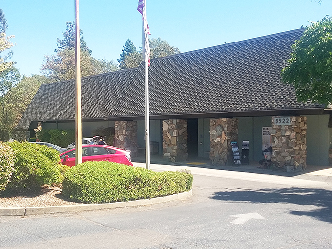 Community cornerstone with rustic stone pillars. The library offers both literary treasures and a gathering place for locals.