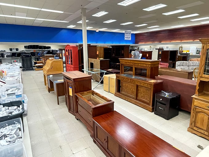 Solid wood cabinets and drawers stand at attention, their craftsmanship from another era available for today's budget-conscious decorator.