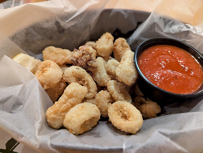 Calamari so lightly battered it practically floats off the plate. The marinara dipping sauce is just showing off at this point.