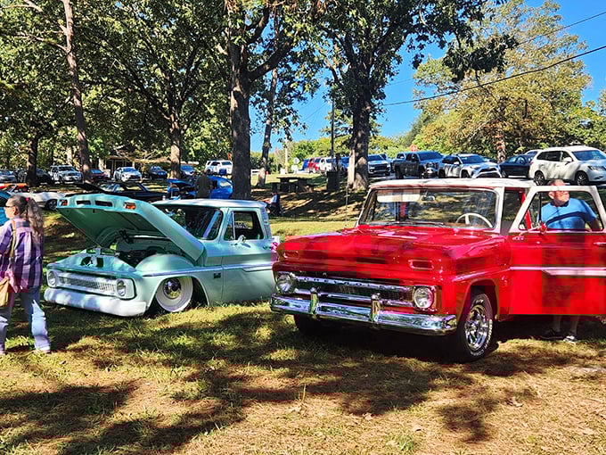 Vintage car enthusiasts gather under shade trees to admire polished chrome and swap stories about restoration triumphs and mechanical heartbreaks.