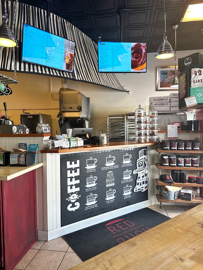 The coffee menu board promises the perfect liquid companion for your circular breakfast adventure.