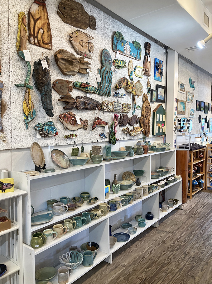 Handcrafted pottery and driftwood art line the shelves of local galleries, each piece telling a story of Cedar Key's natural beauty through an artist's hands.