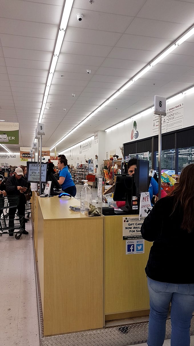Efficient checkout counters keep the lines moving, even as shoppers experience that special thrill of seeing designer items ring up for pocket change.