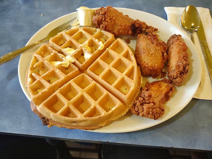 The chicken and waffle alliance proves opposites attract. Crispy meets fluffy in this sweet-savory romance that makes breakfast feel like a celebration.