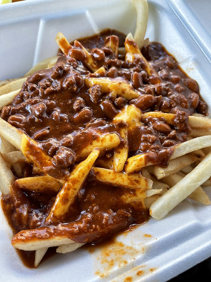 Chili cheese fries: where comfort food goes to show off. That cheese pull could win Olympic medals for both distance and form.