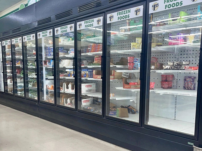 The frozen food fortress – where budget-friendly pizzas and ice cream treats await behind foggy glass doors. Convenience food without the convenience store markup.