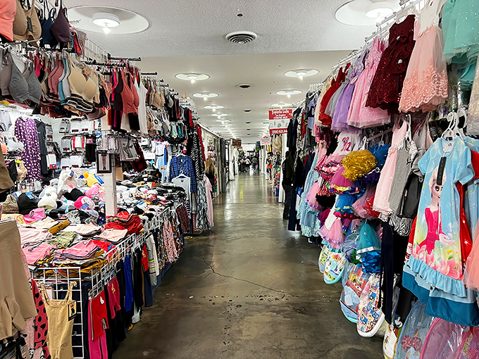 Clothing racks stretch endlessly, creating fashion highways where style meets affordability in perfect harmony for everyone.