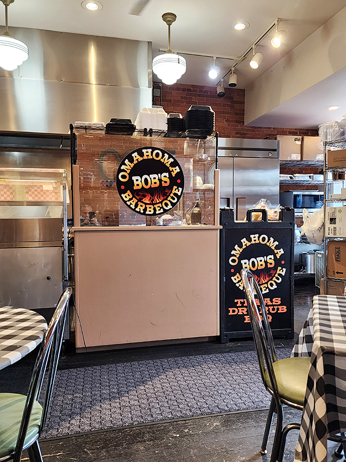 The counter where BBQ dreams come true. That circular logo practically whispers, "Yes, you've reached the promised land."