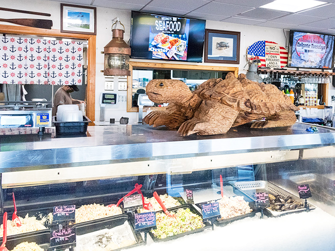 A wooden sea turtle guards the day's fresh catch. The display case below showcases treasures more valuable than any pirate's chest.