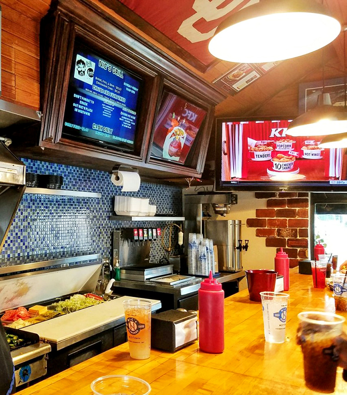 The blue and red color scheme isn't just patriotic&mdash;it's practical. Those squeeze bottles hold the secret weapons of flavor enhancement.