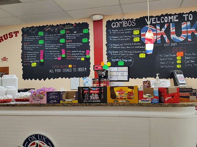 The counter where magic happens. Colorful chalkboard menus and British flags announce you're not in typical Florida territory anymore&mdash;you're in flavor country.