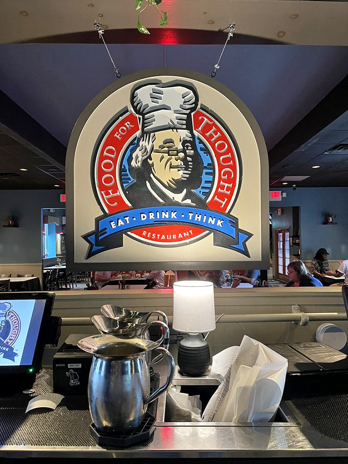 The restaurant's iconic logo watches over diners like a benevolent culinary philosopher. "Eat, Drink, Think" isn't just a slogan&mdash;it's a lifestyle recommendation.