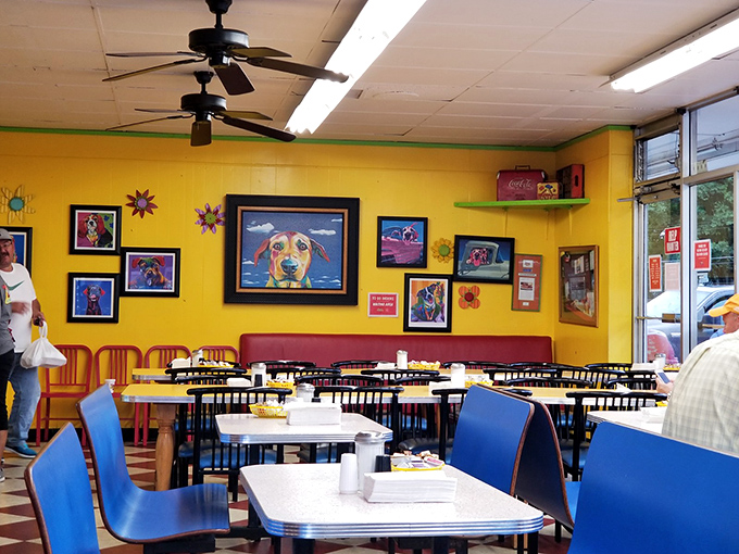 Colorful artwork brightens already sunny walls, creating an atmosphere where even morning grumps find themselves smiling between bites.