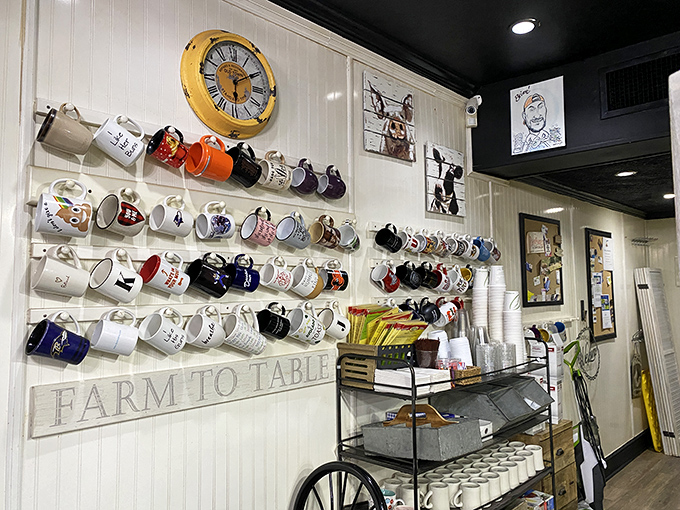 The mug wall &ndash; where loyalty is displayed and personalities are expressed. "Farm to Table" isn't just a sign, it's the Willy's Kitchen philosophy.