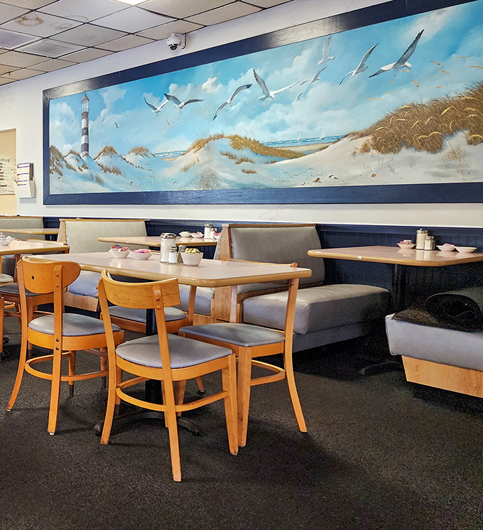 The coastal mural brings the beach inside, reminding you where you are while you contemplate ordering just one more pancake.