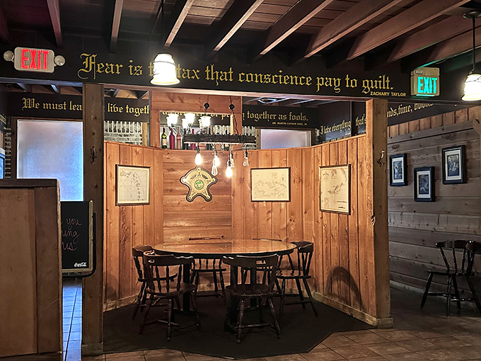 This cozy dining nook feels like you've discovered a secret room in a literary tavern. Shakespeare would approve of both the quotes and the menu.