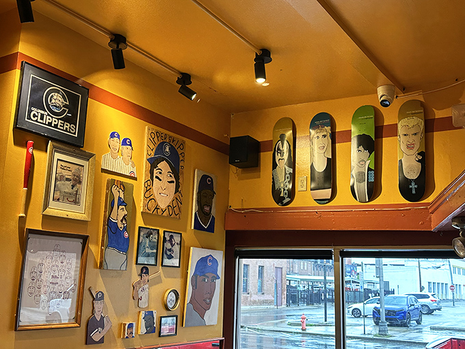 Baseball memorabilia and skateboard decks adorn the walls &ndash; because nothing pairs with a gourmet hot dog quite like American nostalgia.