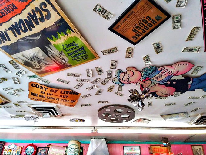 Look up! The ceiling's collage of dollars, memorabilia and vintage ads tells stories that even the most talkative server couldn't fit into one visit.