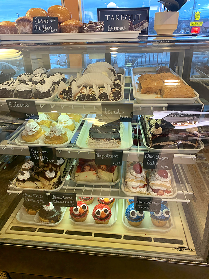 The dessert display case tempts with homemade treats that make choosing just one feel like an impossible life decision.
