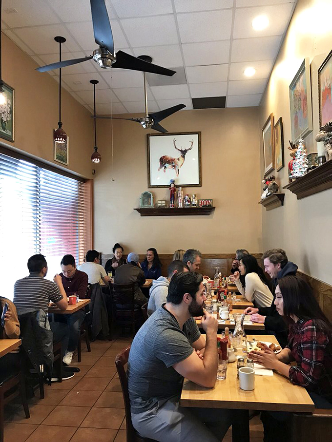 The packed dining room hums with the universal language of breakfast appreciation &ndash; forks diving, coffees steaming, conversations flowing.