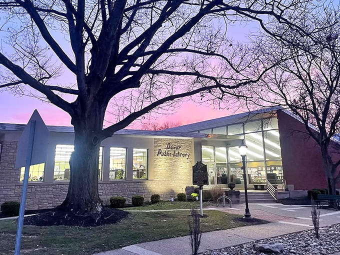 The Dover Public Library glows at twilight, a beacon of knowledge standing sentinel beneath a magnificent tree that's witnessed countless stories.
