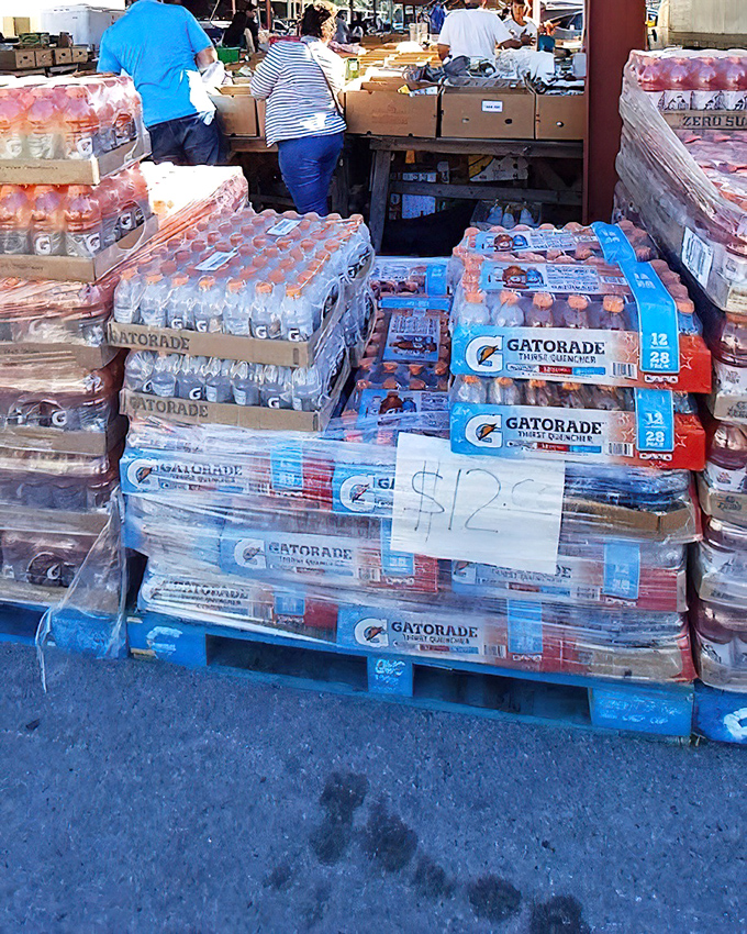 Hydration station! Pallets of Gatorade stand ready to quench the thirst of bargain hunters who've worked up a sweat chasing deals in the Florida sun.