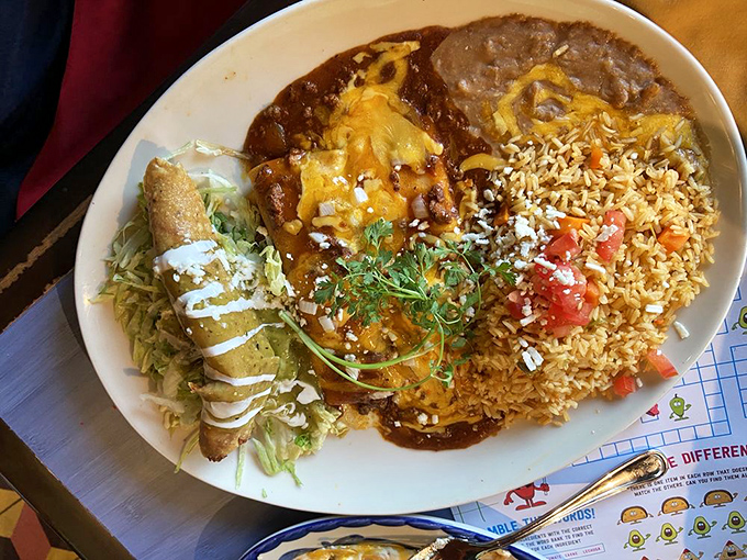 An enchilada plate that's basically a warm blanket for your soul, smothered in sauce that should be bottled and sold as therapy.