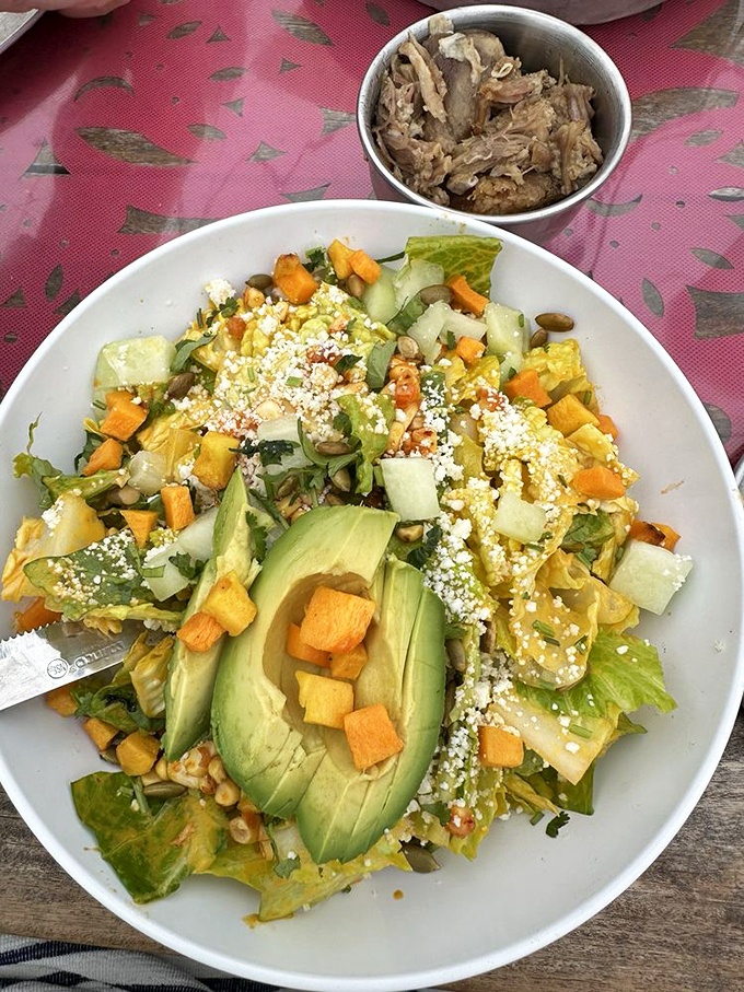 A salad that doesn't feel like punishment. Avocado, cotija cheese, and seasonal vegetables make healthy eating feel like a reward, not a sentence.