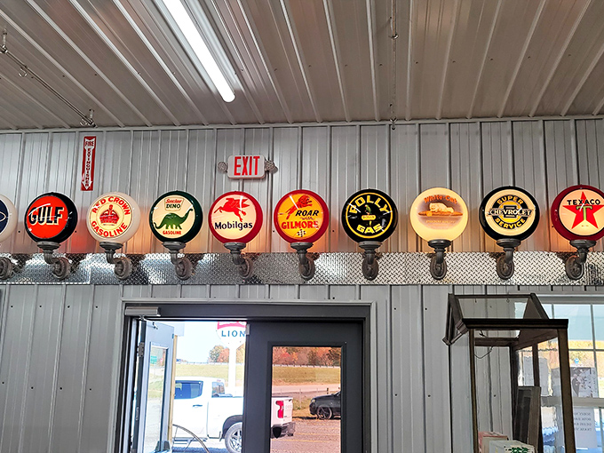 Vintage gas pump globes illuminate the exit like beacons from a bygone era when service stations pumped your gas and checked your oil.