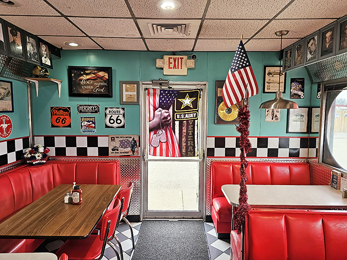 Patriotism and nostalgia share equal billing at Cruisers. The Route 66 signs and American flags remind you this is quintessential roadside Americana. 