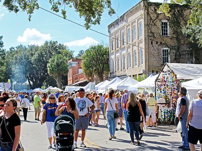 During festival season, Micanopy's streets transform into a vibrant marketplace, where the town's population temporarily multiplies as visitors discover this hidden gem.