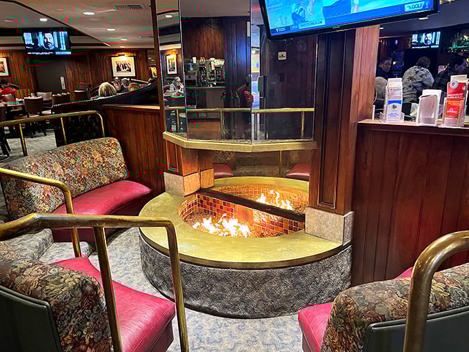 The fireplace lounge area isn't just cozy&mdash;it's time-travel to when conversations happened face-to-face and phones were just for calling.