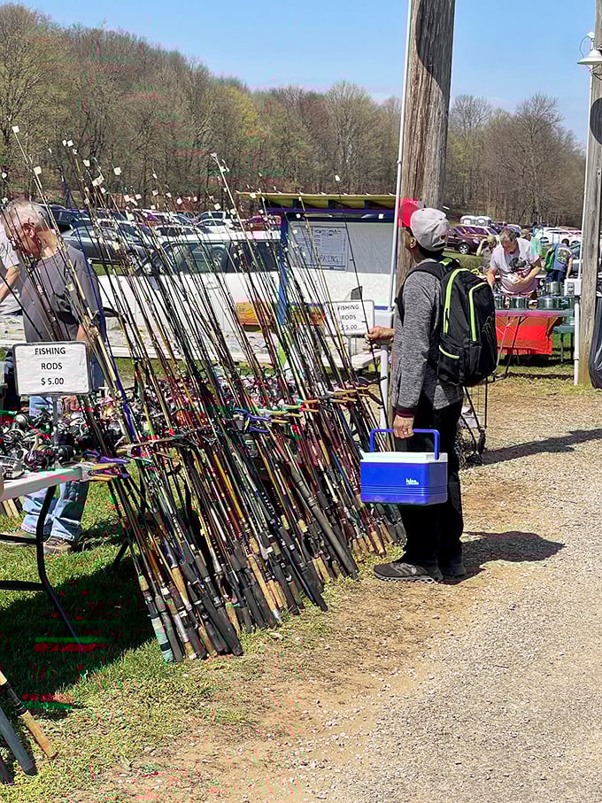 Fishing rod forest where anglers dream of the big one that won't get away. At $5 a rod, even catching nothing but stories seems like a bargain.