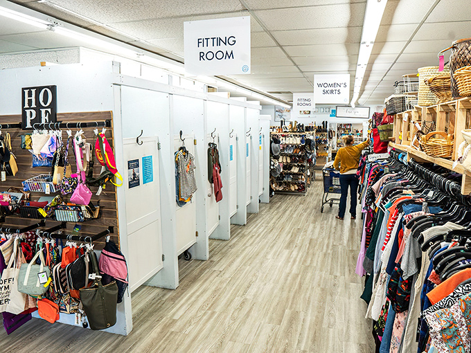 Fitting rooms that respect your dignity&mdash;a rarity in thrift-store world! Spacious, clean, and plentiful, they eliminate the "buy and hope" approach.