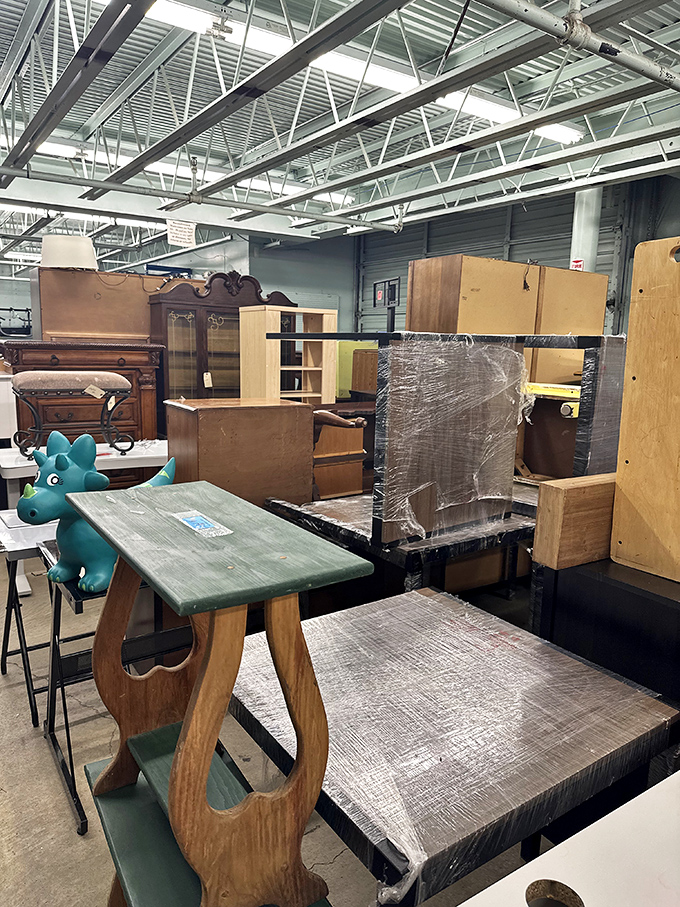 Furniture finds that range from "grandma's attic" to "surprisingly modern." That teal dinosaur stool is clearly the conversation piece your living room needs.