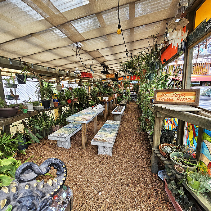 Garden seating that feels like dining in a bohemian greenhouse &ndash; mosaic tables nestled among plants create a secret hideaway for pizza enjoyment.