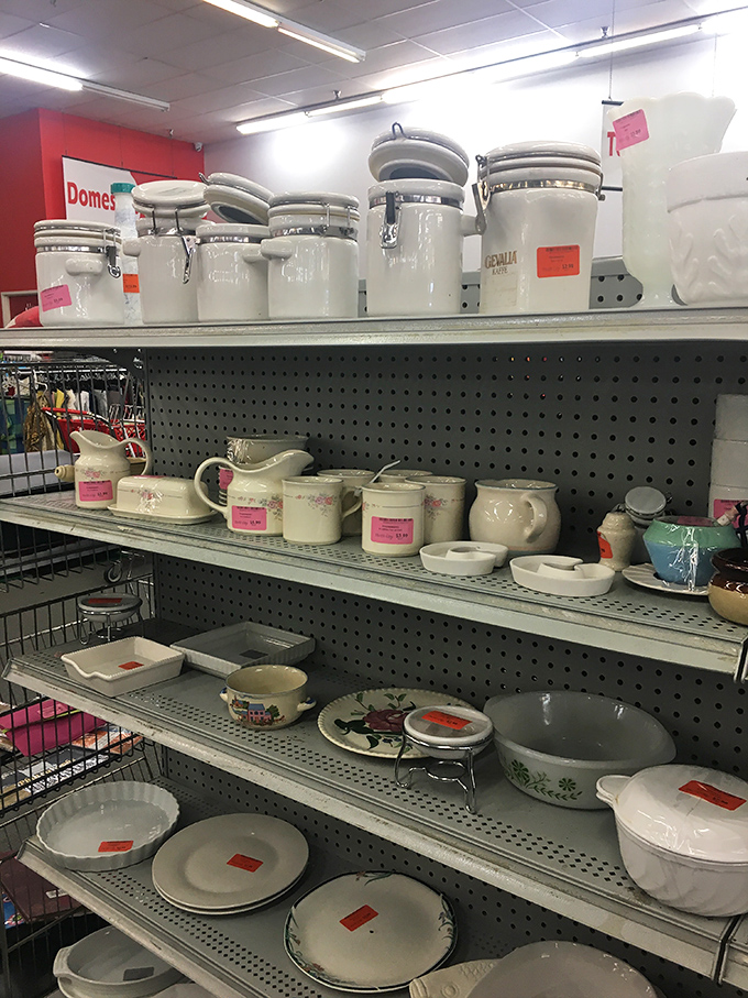 Kitchen treasures await new homes&mdash;ceramic containers that once held someone's flour now ready for your sugar. Dishes with more lives than cats.