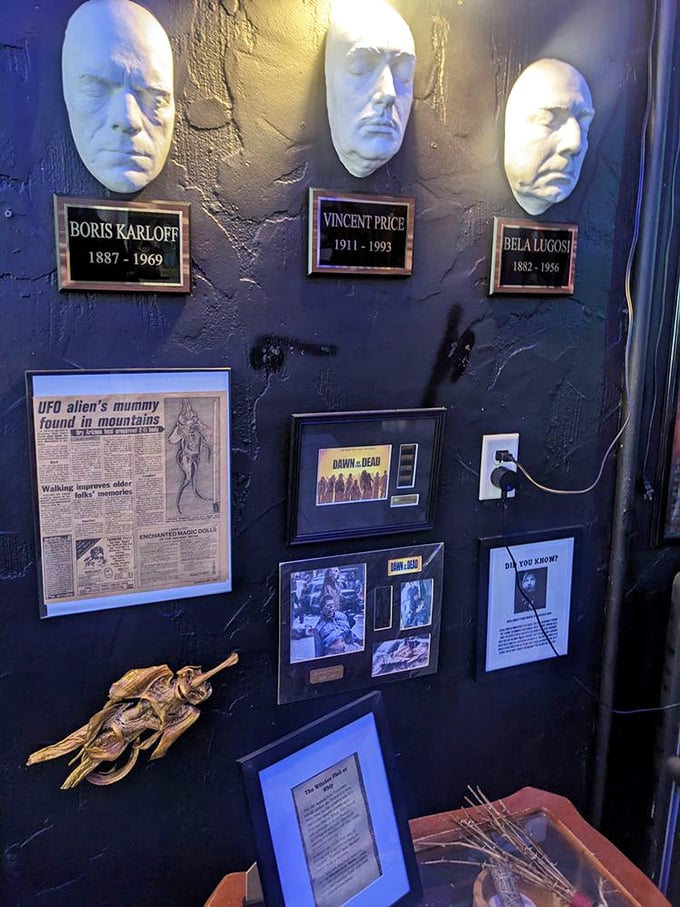 Horror royalty immortalized in death masks&mdash;Karloff, Price, and Lugosi looking surprisingly peaceful for men who terrified generations of moviegoers.