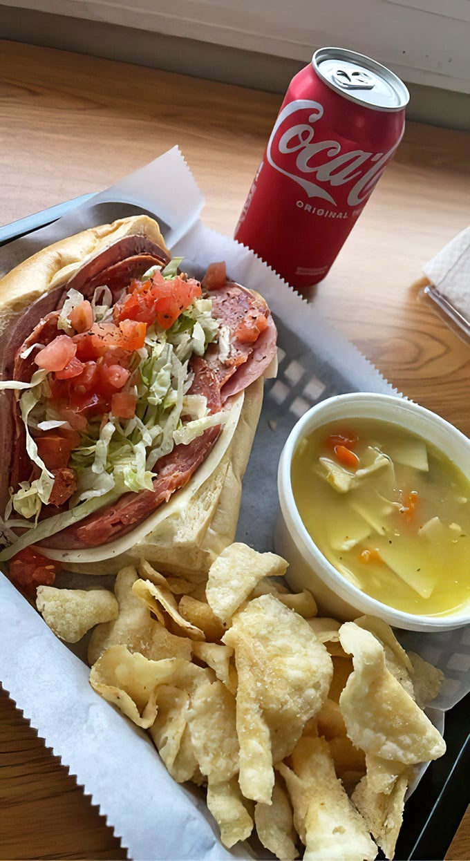 The lunch combo that dreams are made of: half a hoagie, homemade soup, and chips. The holy trinity of midday satisfaction.
