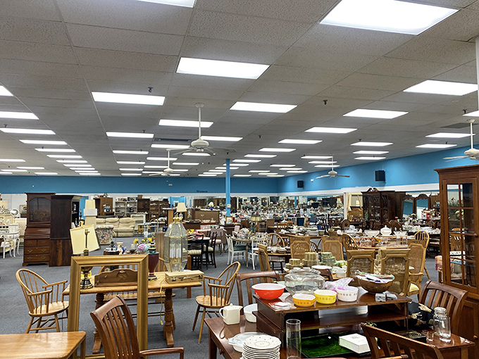 A sea of tables set for imaginary dinner parties. The perfect place to find that missing serving dish your grandmother swears she lent you.