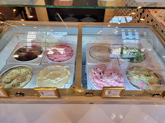 The ice cream case displays flavors like precious gems. Forget diamond shopping—this is the display case that truly tempts.