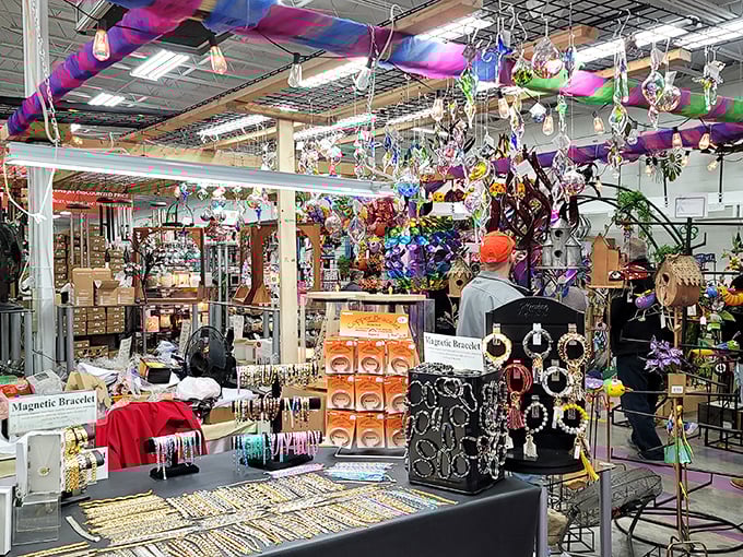 A jewelry vendor's colorful display dangles with possibility, each piece waiting to become someone's new favorite accessory.