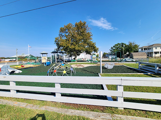John Waples Memorial Playground offers a sandy reprieve for little beach-goers whose energy somehow survives swimming all day.