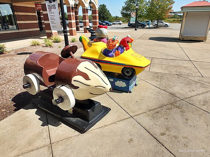 These vintage-style kiddie rides offer a moment of nostalgia for parents and grandparents while giving little ones a break from the shopping marathon.
