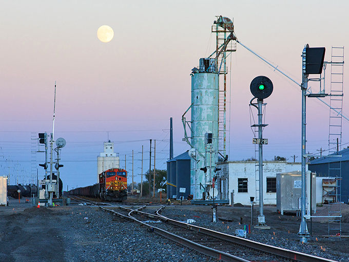 Twilight brings a dreamy quality to Lamar's railroad infrastructure. Even industrial landscapes turn poetic when bathed in that magical prairie dusk.