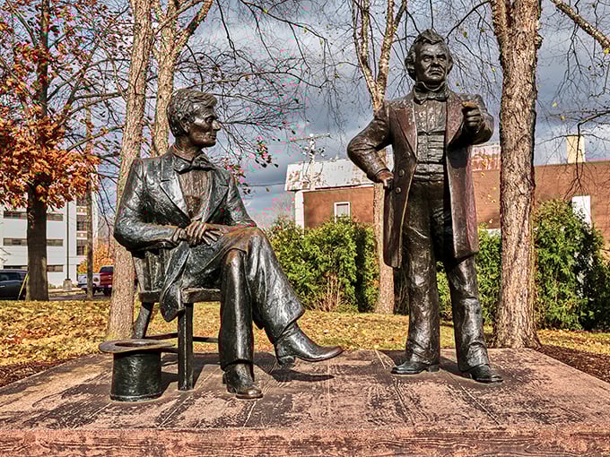 The Lincoln-Douglas debate statues commemorate when political discourse involved actual debate rather than just angry tweeting. History frozen in bronze but still remarkably relevant.