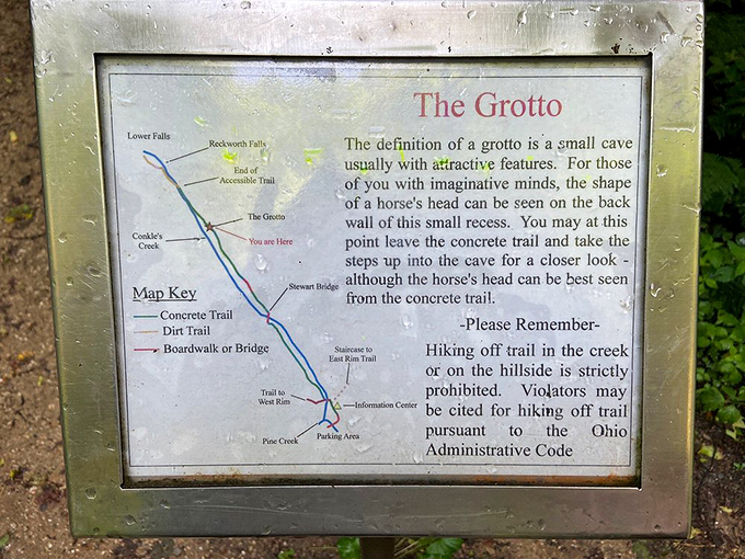 The trail map reveals "The Grotto" features a horse-head rock formation, proving that nature was doing optical illusions long before Instagram filters.
