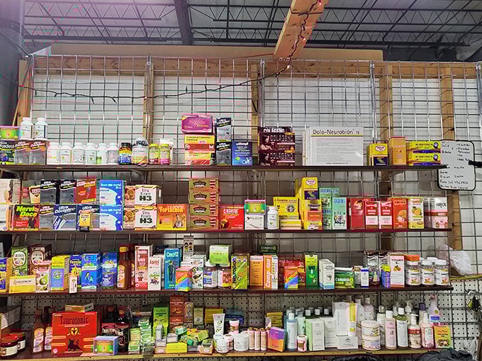 The medicine and pantry section—where bargain hunters find everything from vitamins to pasta sauce with the thrill of a supermarket scavenger hunt.